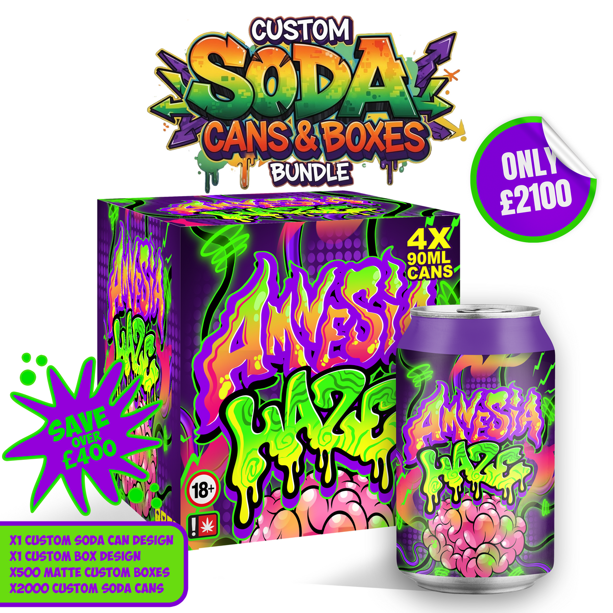 Custom Soda Can & Box Bundle - 2000 cans + 500 printed boxes